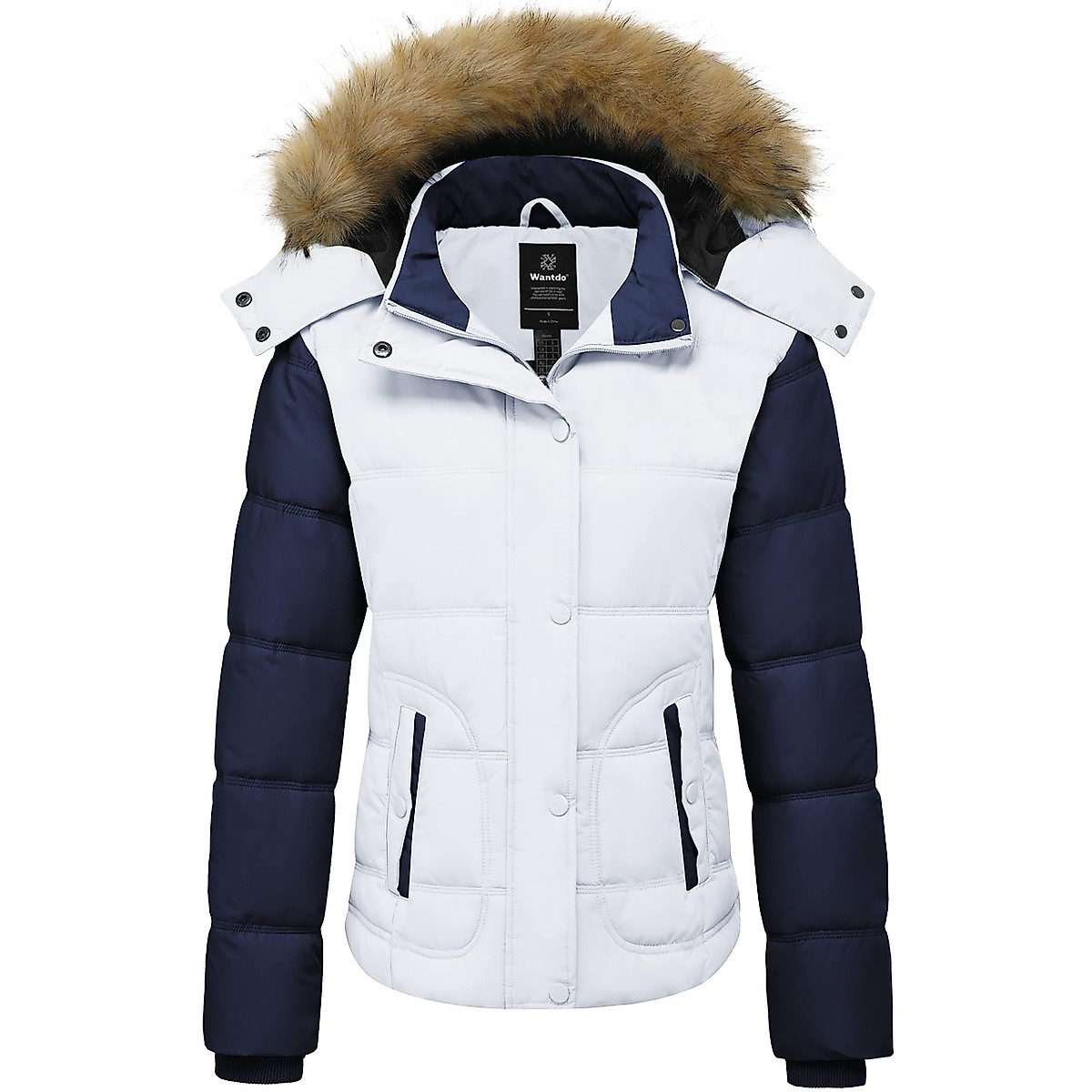 wantdo Women's Insulated Puffer Jacket Warm Heavy Insulated Coat (White & Navy, Medium)