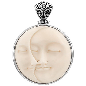 Carved Sun Crescent Moon Moonface Duo Goddess Bison Bone 925 Sterling Silver Pendant, 1 3/4"