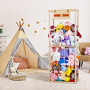 Purelax Stuffed Animal Zoo Storage - Wood Zoo Animals Toy Holder with Wheel, Animal Cage Organizer, Ball Storage, Zoo Cage for Plush Toys for Playroom Bedroom Nursery Room