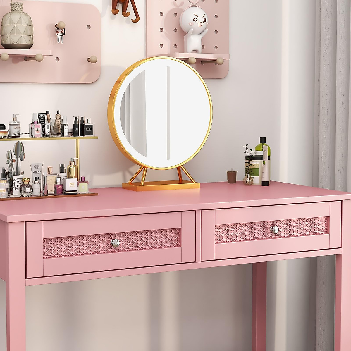 Vikiullf Pink Desk with Drawers - 39 in Study Writing Table Makeup Vanity Desks for Small Spaces, Modern Home Office Desk with 2 Rattan Drawers, (Pink, 39.5)