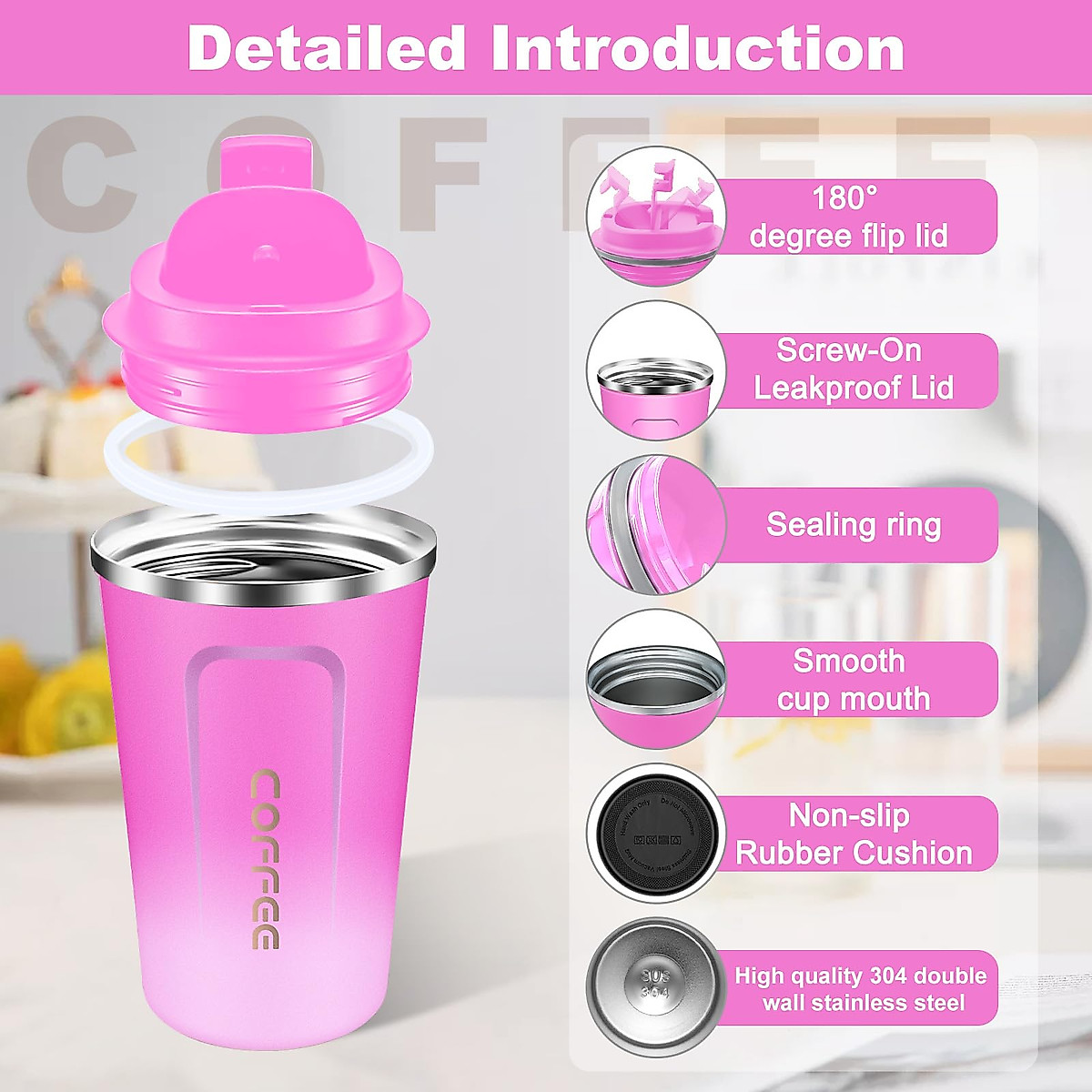 JTRYEMU Travel coffee mug 12 oz Insulated Coffee cup with lid reusable Leak proof Coffee Tumbler Stainless Steel Vacuum Gradient Colorful Thermos cup Thermal Keeps Cold and Hot for Coffee/Tea