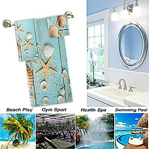Naanle 3D Wooden Board Starfish Shells Summer Soft Luxury Decorative Set of 3 Towels, 1 Bath Towel+1 Hand Towel+1 Washcloth, Multipurpose for Bathroom, Hotel, Gym, Spa and Kitchen