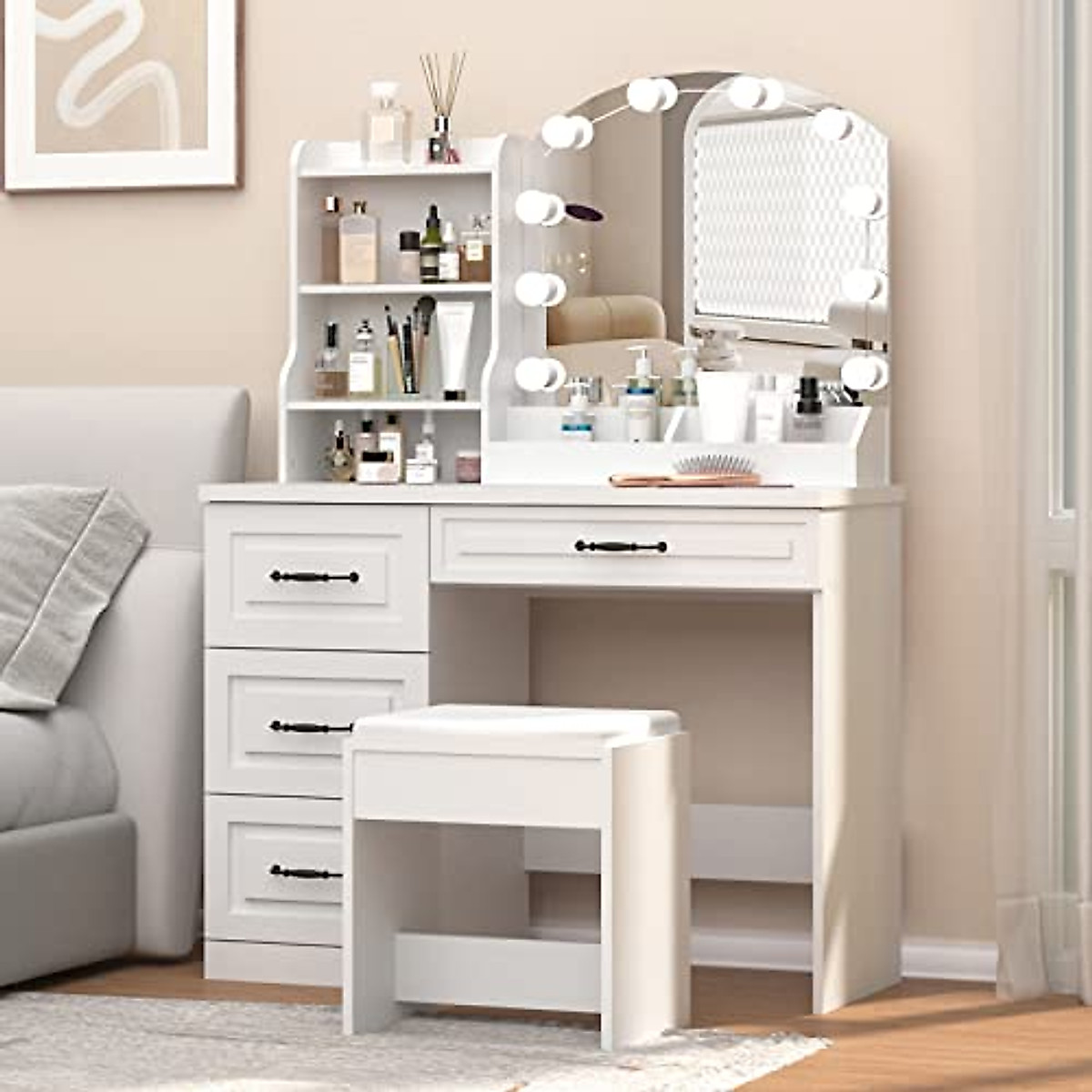 Vabches Makeup Vanity Desk with Lights and 4 Drawers, White Vanity Set Makeup Table Lots Storage, 3 Lighting Colors, Large Size 39.4in(L), White-L