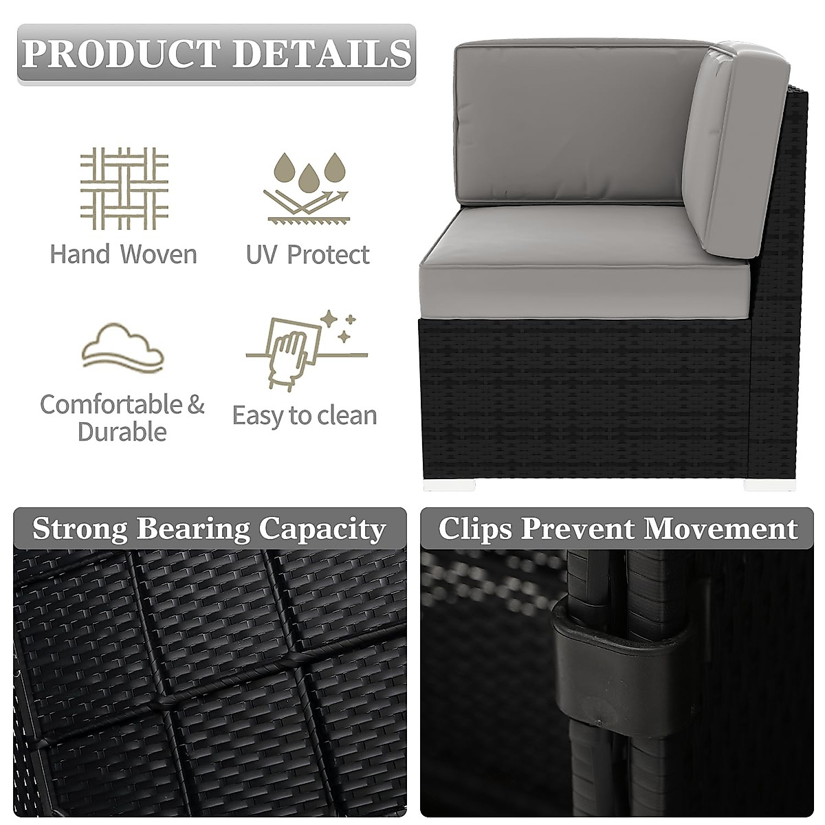 LayinSun Outdoor Patio Furniture Set 6 Pieces Sectional Conversation Sofa Set Black Rattan Sofa Set with Coffee Table