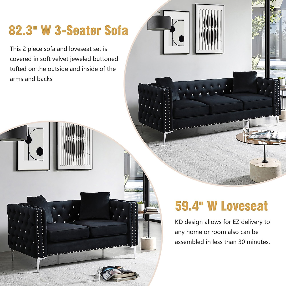 2-Piece Black Velvet Upholstered Living Room Furniture Set, Including 3-Seater Sofa and Loveseat with Jeweled Buttons, Square Arm, Four Pillows Included for Living Room, Office