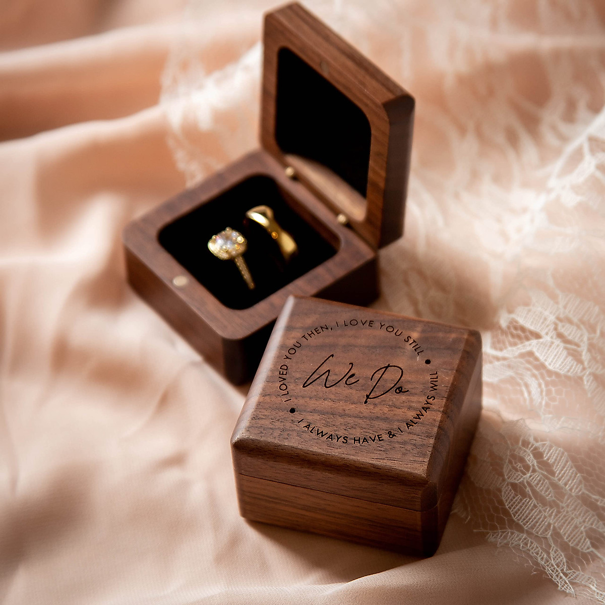 MUUJEE We Do Double Ring Box - Engraved Wooden Ring Case Box for Wedding Ceremony Engagement Proposal, Ring Bearer Gift Ideas (We Do)