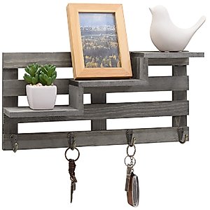 MyGift Wall Mounted Vintage Gray Wood Entryway Key Holder Rack and Wall Decor with 3 Tier Stair Display Shelf