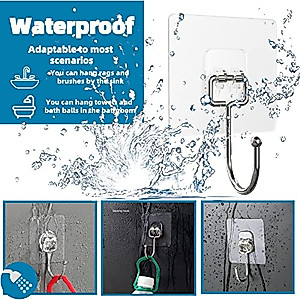 Apwzv Adhesive Hooks Kitchen Wall Hangers - 10 Pack Heavy Duty 40lb (Max) Nail Free Adhesive Hooks.Transparent Waterproof with Stainless Steel Hooks，Reusable Utility Towel Bathroom Ceiling Hooks.