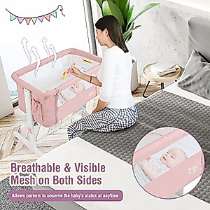 GLACER 3 in 1 Baby Bassinet, Portable Bedside Sleeper w/ Cradle Mode, Removable Mattress, Adjustable Height, Storage Pockets & Lockable Wheels, Newborn Infant Travel Crib Bed w/ Carry Bag, Pink