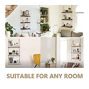COUNTOOZQ 3 Tier Rope Rustic Brown Wall Hanging Floating Shelves Wall Shelf Wood Swing Hanging Wall Mounted Plant Flower Rack Outdoor