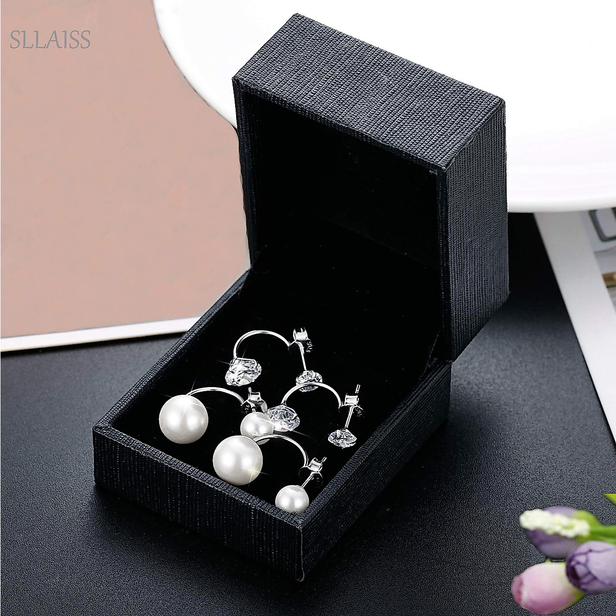 Sllaiss 2 Pairs Sterling Silver Double Ball Ear Jacket Earrings Set Cubic Zirconia Round Pearl Jewelry for Women (Silver)