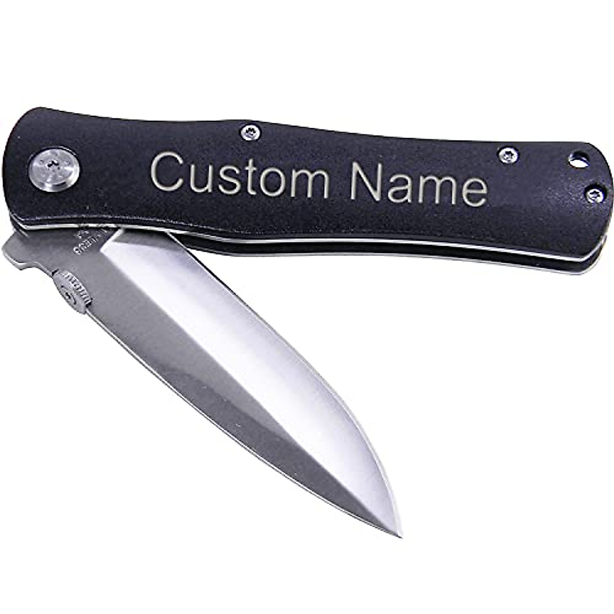 Personalized Add Your Custom-Made Text Folding Aluminum Engraved Name Customized Pocket Hunting Personal Knife with Pocket Clip (Black Handle)