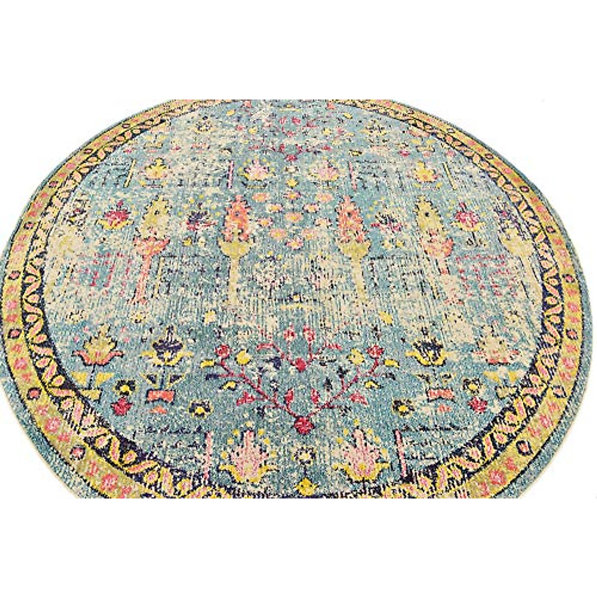 Unique Loom Monterey Collection Vintage Bohemian Inspired with Distressed Tribal Design Area Rug, Round 8' 0" x 8' 0", Blue/Yellow