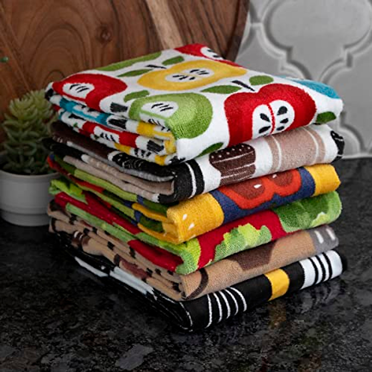 T-fal Fiber Reactive Print Kitchen Towels: Highly Absorbent, Super Soft - 100% Cotton, 16"x28" Dish Towels for Cleaning & Drying Dishes, Pans, Glassware, or Countertops, 2-Pack, Coffee