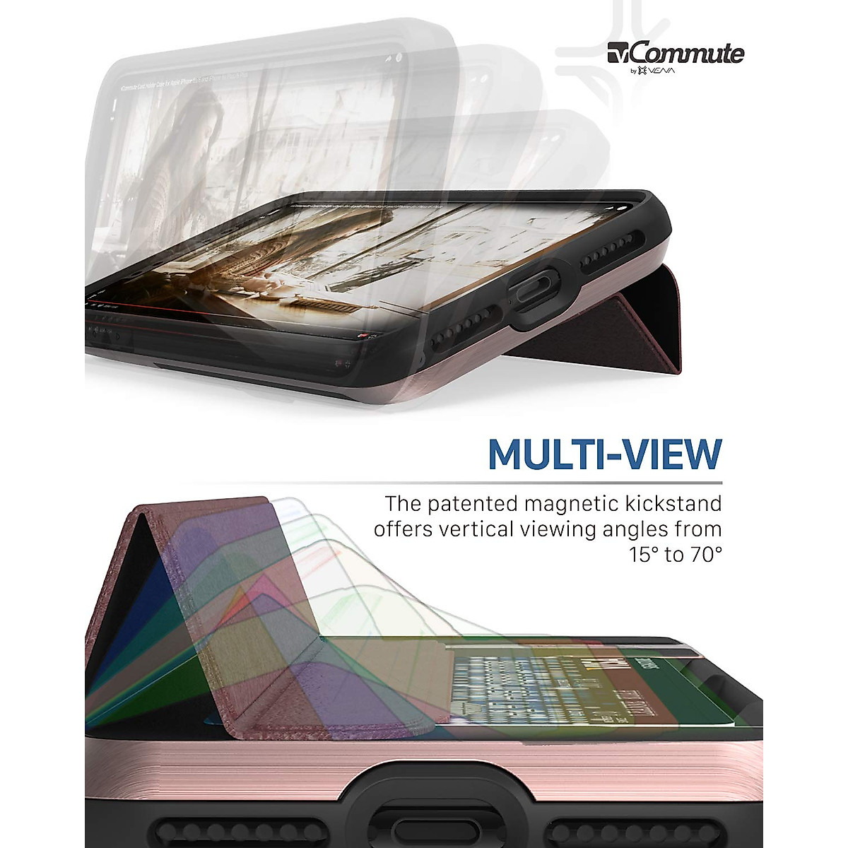 VENA iPhone XR Wallet Case, vCommute (Military Grade Drop Protection) Flip Leather Cover Card Slot Holder with Kickstand, Designed for Apple iPhone XR - Rose Gold