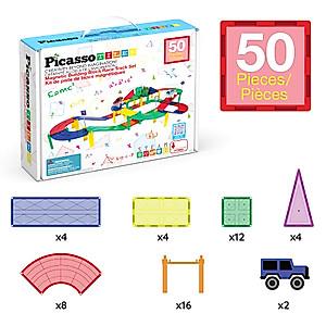 PicassoTiles 50 Piece Race Car Track Building Block Educational Toy Set Magnetic Tiles Magnet DIY Playset 2 Light Up STEM Learning Construction Kit Hand-Eye Coordination Fine Motor Skill Training