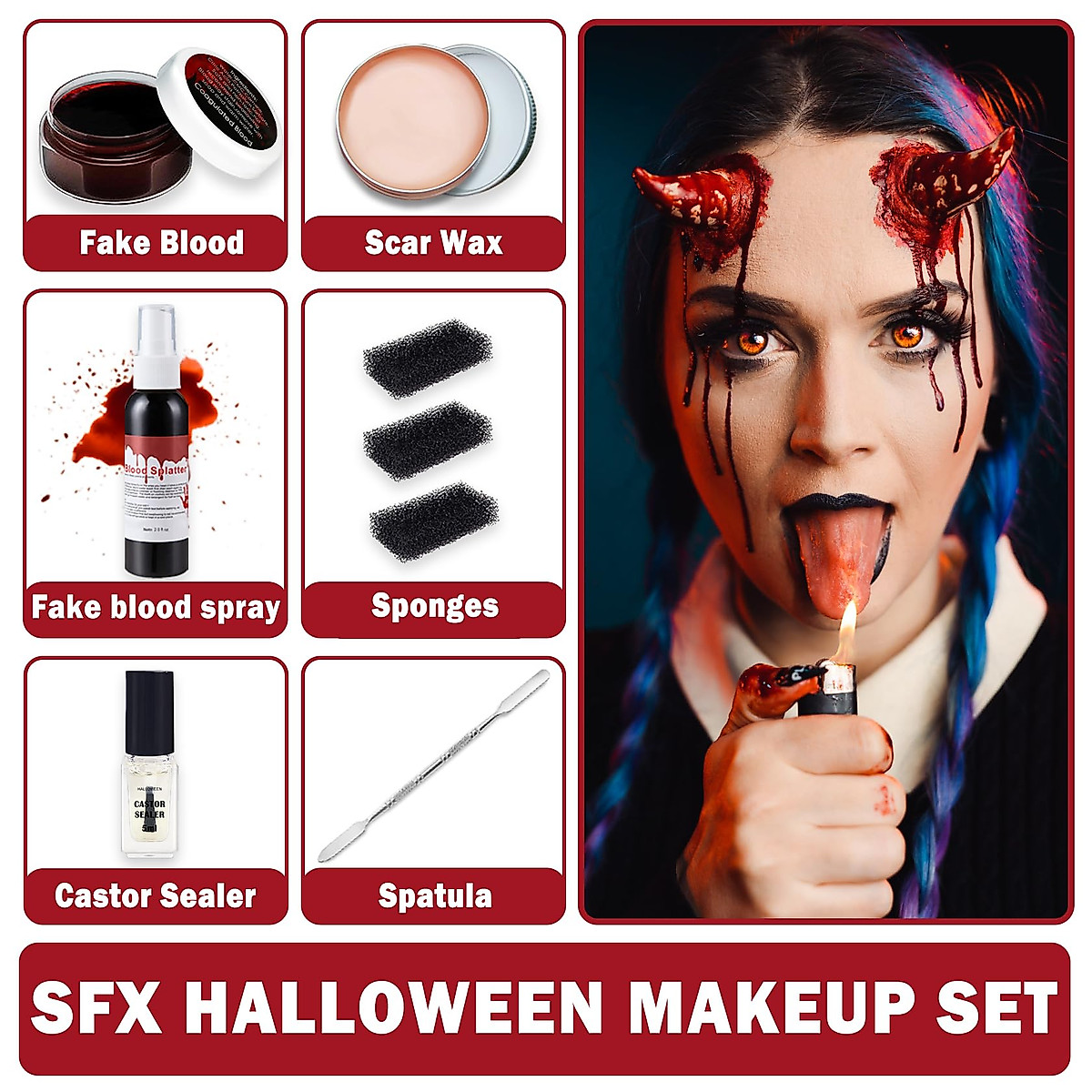 SFX Halloween Makeup Kit,Special Effects Scar Makeup Skin Wax with Spatula,Fake Blood Cream,Fake Blood Splatter Spray,Castor Oil,Black Stippling Sponge for Zombie Cosplay Makeup