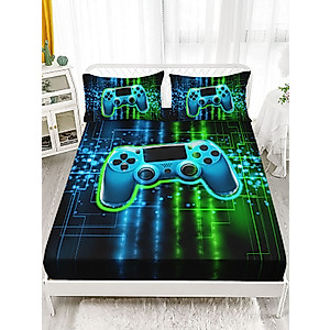 Datura home Video Gamer Sheet Set 4Pcs Kids Green Black Gamepad Modern Gamer Gaming Printed Sheet Set with 1 Flat Sheet and 1 Fitted Sheet + 2 Pillowcases for Boys(Gamepad Twin)