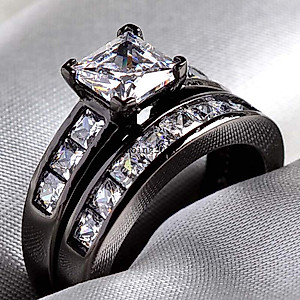 Couple Ring Bridal Sets His Hers Women Black Gold Plated Square CZ Men Stainless steel Band Wedding Ring Band Set