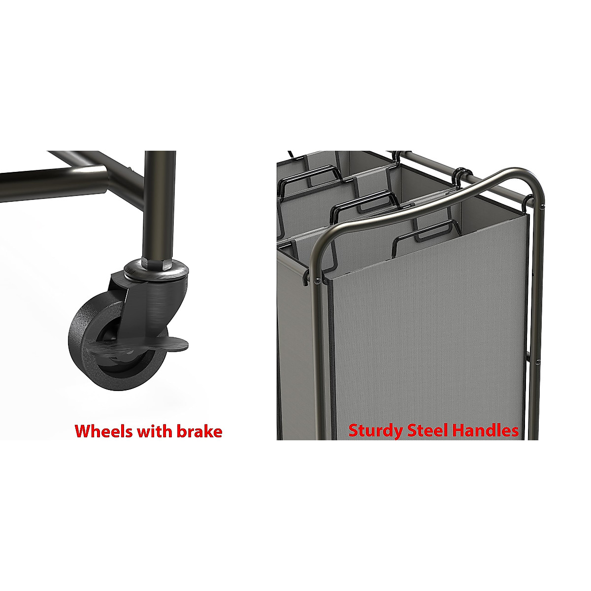 Simple Houseware Heavy Duty 3-Bag Laundry Sorter Rolling Cart, Dark Grey
