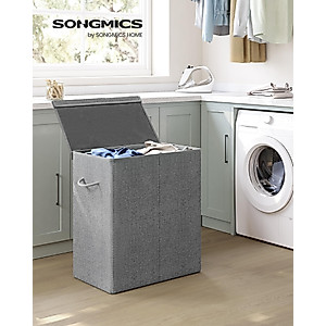 SONGMICS Sturdy Double Laundry Hamper with Lid, Removable Fabric Bag, 142L Large Clothes Hamper 2 Section, Laundry Basket with Handles for Closet, Laundry Room, Bedroom, Bathroom, Gray ULCB02G