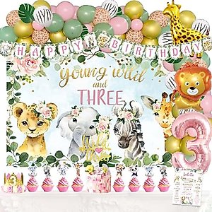 Fiesec Young Wild and Three Decorations Girl, Jungle Safari Animal Theme 3rd Party Decorations Backdrop Balloons Banner Cake Cupcake Topper Poster Crown Lion Cheetah Giraffe Pink 119 PCs