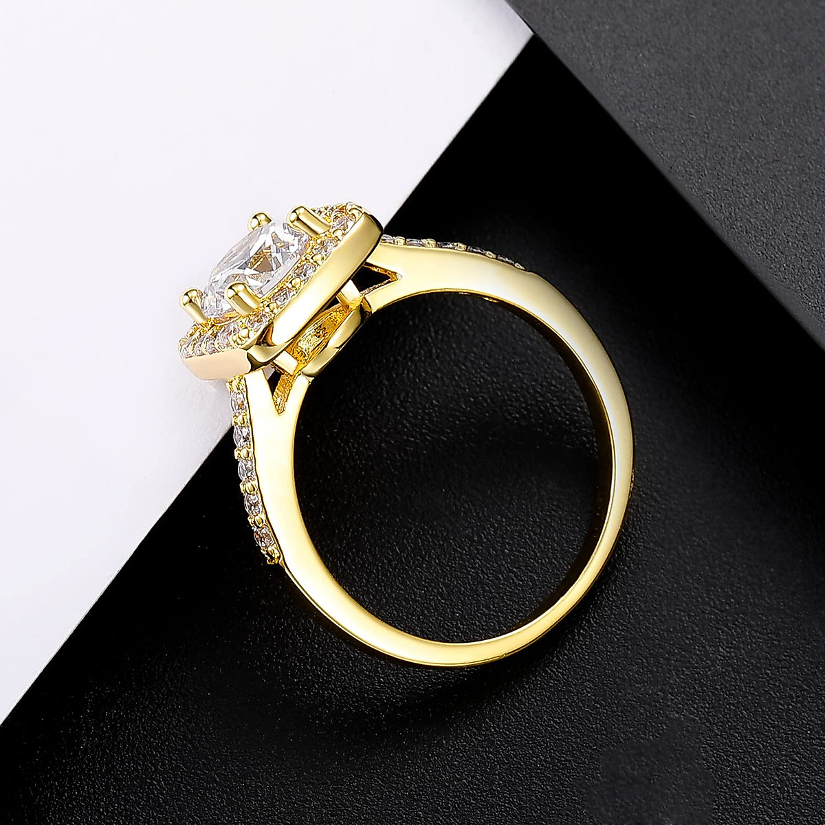 MDFUN Halo ring cz ring Square Halo Wedding Band Engagement Cubic Zirconia Ring 18K Yellow Gold Promise ring Eternity Ring for Women Size 6
