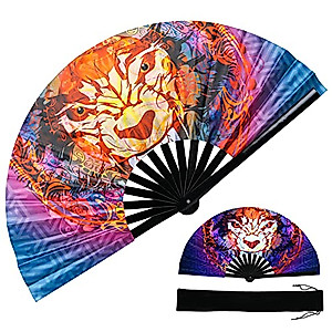 TRENDBOX Large Folding Hand Fan, UV Glow Fan for Rave, Festival Folding Hand Fan for Women Men with Velvet Bag for Decorations, Party, Dance and Music Festival - Wolf