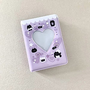 3 Inch Mini Photo Album, Heart Hollow Card Binder Photo Album Kpop Photo Card Holder with Pendant 40 Pockets (purple black cat)
