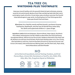 Desert Essence Natural Tea Tree Oil Whitening Plus Toothpaste - Cool Mint - 6.25 Oz - Antiseptic Tea Tree Oil - Zinc Citrate - Baking Soda - Freshens Breath - Reduced Plaque - Fluoride & Gluten Free