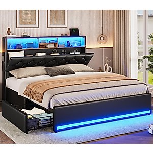 BTHFST Queen Bed Frame with 4 Drawers & Hidden Storage Headboard, LED Bed Frame Queen Size with Charging Station, Upholstered Bed Frame Queen with Metal Slats, No Box Spring Needed, Black PU