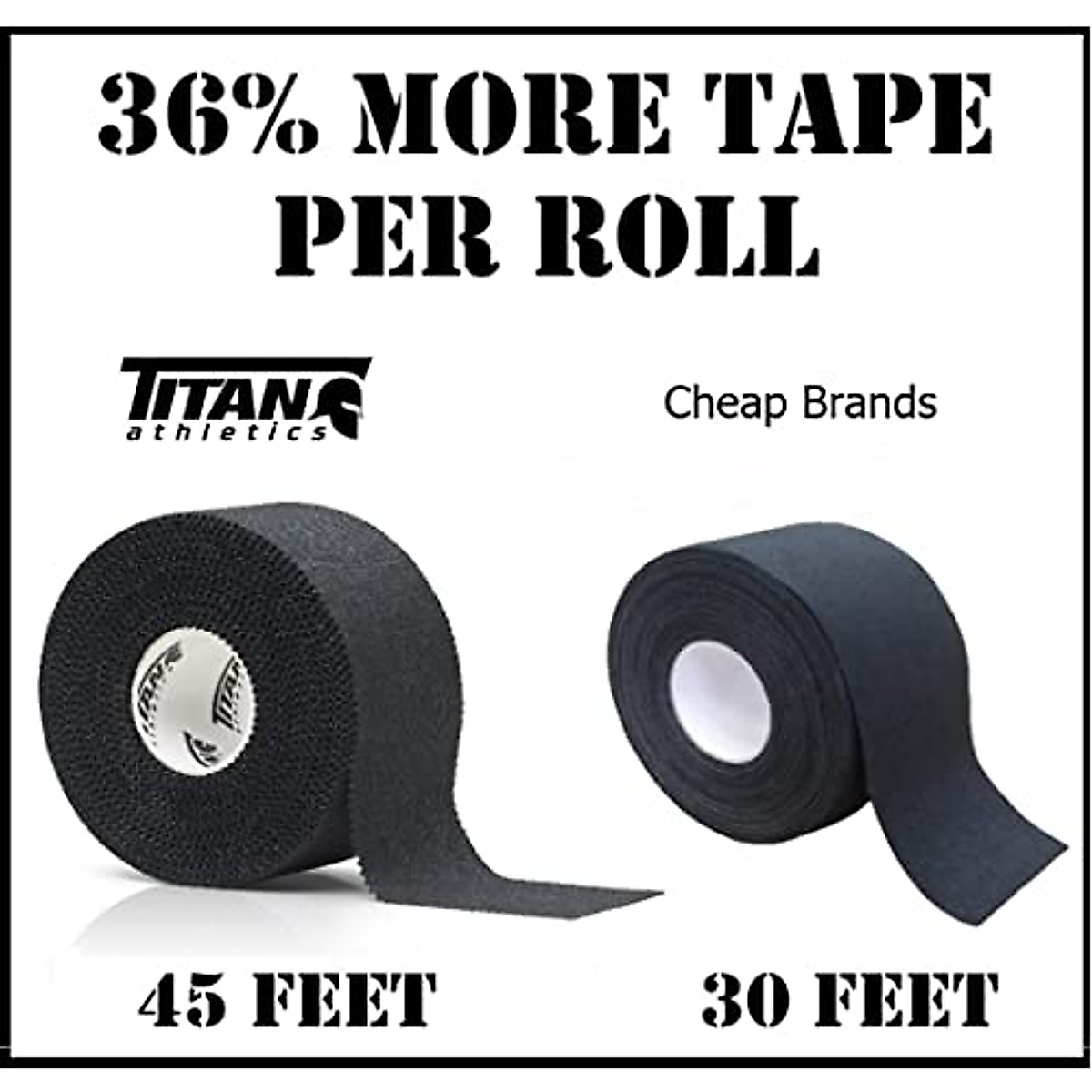 Titan Athletics - Premium Quality Black Athletic Tape/Sports Tape - 1 1/2 Inch x 45 Feet Per Roll - 100 Percent Cotton with Zinc Oxide - Easy Tear Zig Zag Design. (Black, 12 Count (Pack of 1))