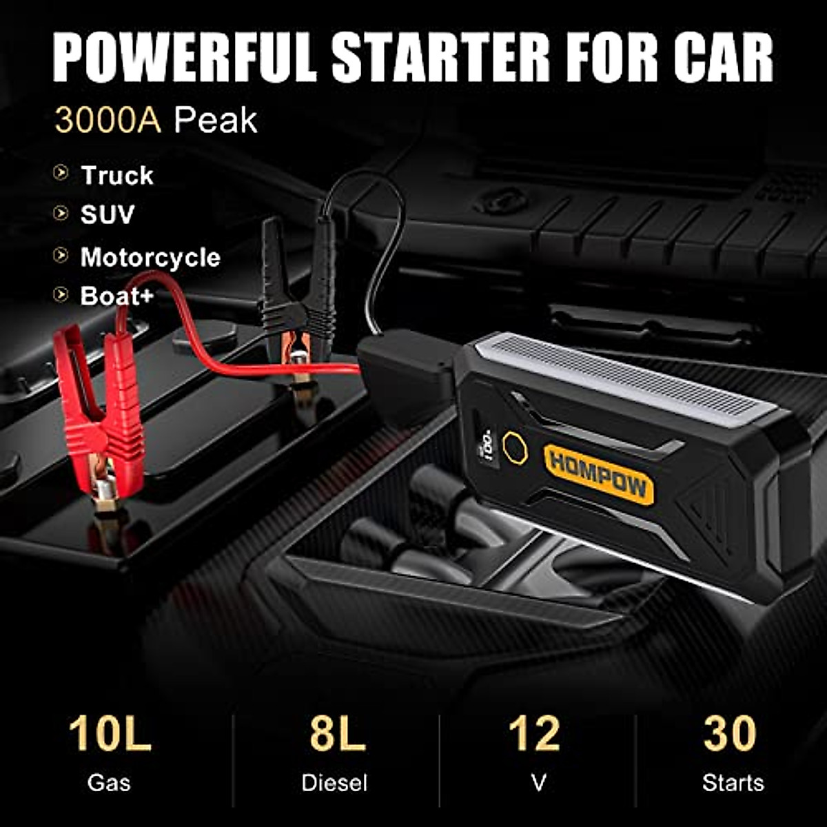 3000A Peak Jump Starter Battery Pack for Up to 10L Gas and 8L Diesel Engines, 12V Portable Car Battery Jump Starter Box with 400 Lumens LED Light