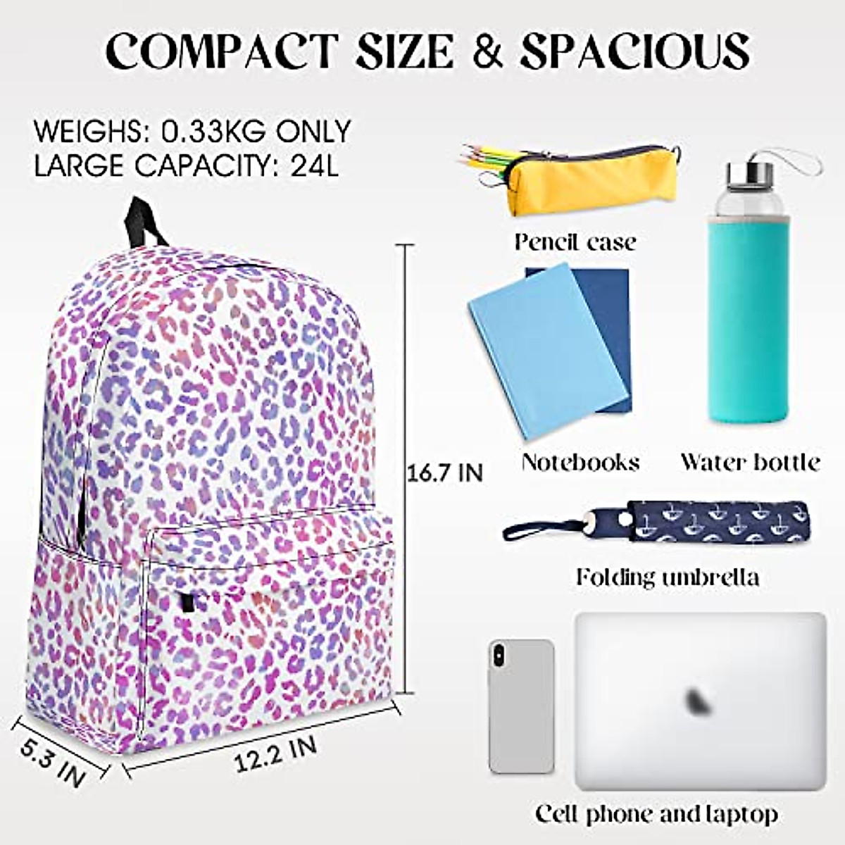 Leopard Classic Girls School Backpack, Lightweight Basic Big Kids Bookbags 17 Inch for Middle School Elementary, Stylish Casual Youth Daypack with 15-Inch Laptop Sleeve for Student Travel Outdoor, 24L