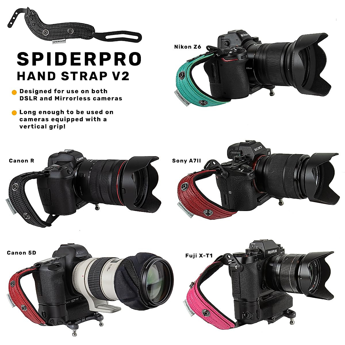 SPIDER HOLSTER - SpiderPro Camera Hand Strap v2 with Snap Assembly and Optional Wrist Strap – DSLR and Mirrorless Compatible (Graphite) - Vegan Leather + Memory Foam