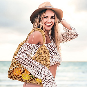 Travel Beach Fishing Net Handbag Woven Shoulder Bag Cotton Rope Macrame Bag Mesh Beach Bag Crochet Knit Purse for Women(Camel)