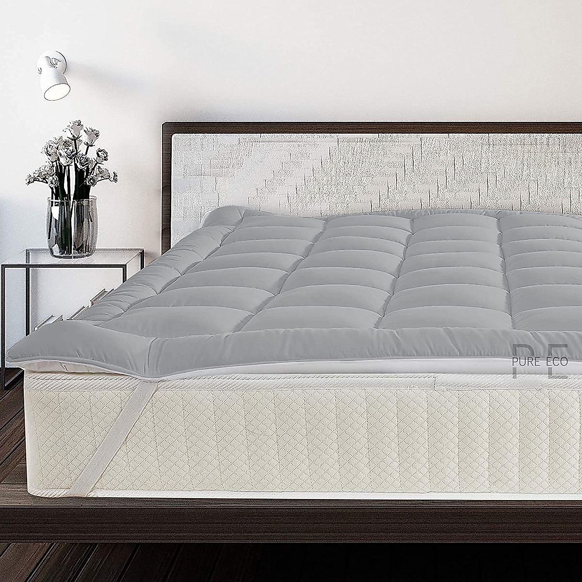 Pure Eco Mattress Topper Full XL Size,Deep Pockets (8-22" Depth) Fits, 500TC Cotton Pad Cover, 1000 GSM Mattress Pads, Extra Thick Cooling Full XL Size Bed Mattress Topper 54"x80" Inches Silver
