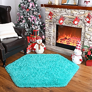 Foxmas Kids Rug for Princess Tent, 4.6 FT Teal Fluffy Rug for Girls Castle, Hexagon Rug Baby Play Mat for Nursery, Super Soft Fuzzy Plush Rug for Girls Bedroom, Baby Nap Mat Carpet Kids Room Decor