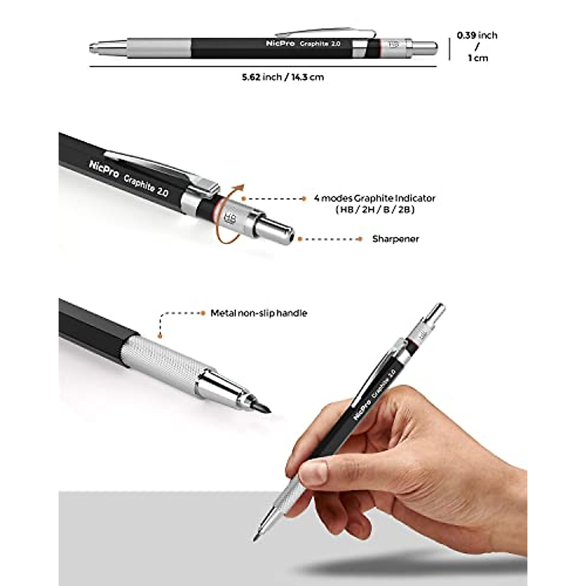 Nicpro 2mm Metal Mechanical Pencil Set, 2PCS Lead Holder 2.0 mm Marker Artist Carpenter Pencils with 120 Graphite Lead Refill (HB 2H 4H 2B 4B & Color), 2 Eraser for Drafting, Drawing Writing Sketching