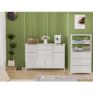 Furnulem White Dresser with 4 Fabric Bins, Tall Storage Tower with 3-Tier Shelf Vertical Standing Chest Organizer for Closet,Laundry,Bedroom,Living Room,Entryway (White)
