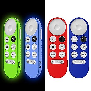 [4Pcs]Protective Case Compatible for Chromecast with Google TV Remote Control, Alquar Shockproof Silicone Skin for Google TV 2020 Voice Remote, Anti-Lost with Loop (red+dark blue+glow blue+glow green)