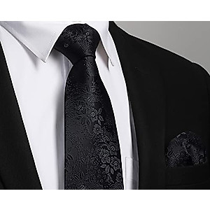 HISDERN Men Solid Black Floral Ties Woven Classic 3.4" Necktie Set Formal tie Pocket Suqare for Wedding Business with Handkerchief
