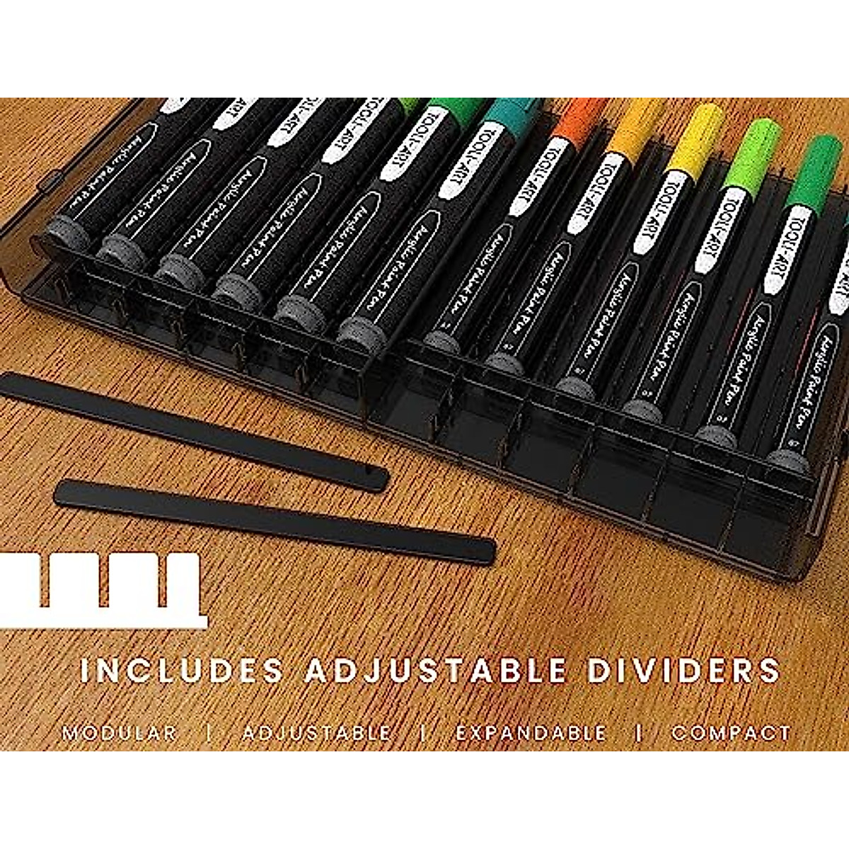 TOOLI-ART 72 Art Marker Storage Tray Desk Organizer Holder, Adjustable Dividers, Modular, Expandable, Stackable, Fit Most Pen, Pencil, Brushes. School, Home, Multi Purpose Tinted Plastic 6 Trays