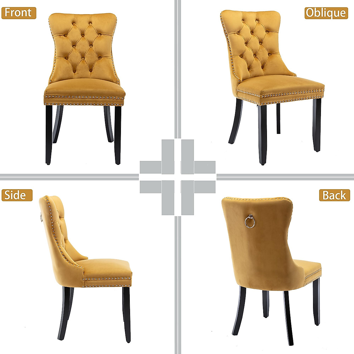Rhomtree Set of 4 Velvet Fabric Dining Chairs Luxury Tufted Back with Nailed Trim and Back Ring Pull Home Kitchen Dining Room Chairs Armless Side Chairs Solid Rubber Wood Legs (Gold)