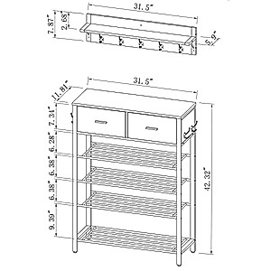 DKLGG Metal Shoe Rack with Coat Rack, Industrial 4-Tier Shoe Storage Organizer with Drawers for 12 Pairs, Shoe Shelf with Hooks & Adjustable Feet, Free Standing Shoe Racks for Entryway, Hallway(Black)