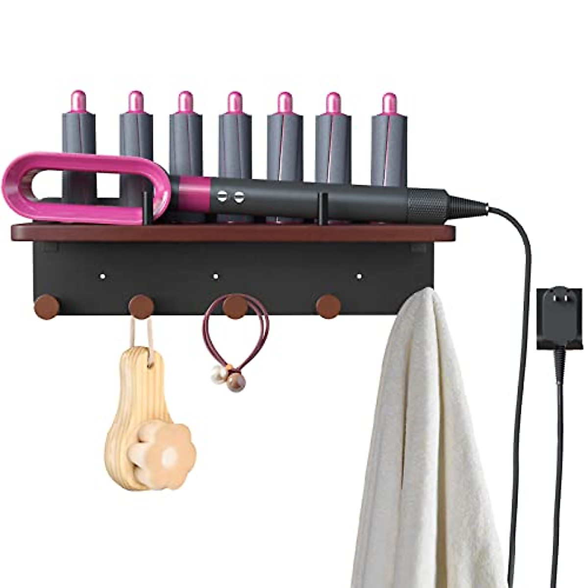 XIGOO Storage Holder Organizer for Dyson Airwrap Curling Iron Accessories Wall Mounted, Wood Metal Organizor for Airwrap Styler and Attachments Black