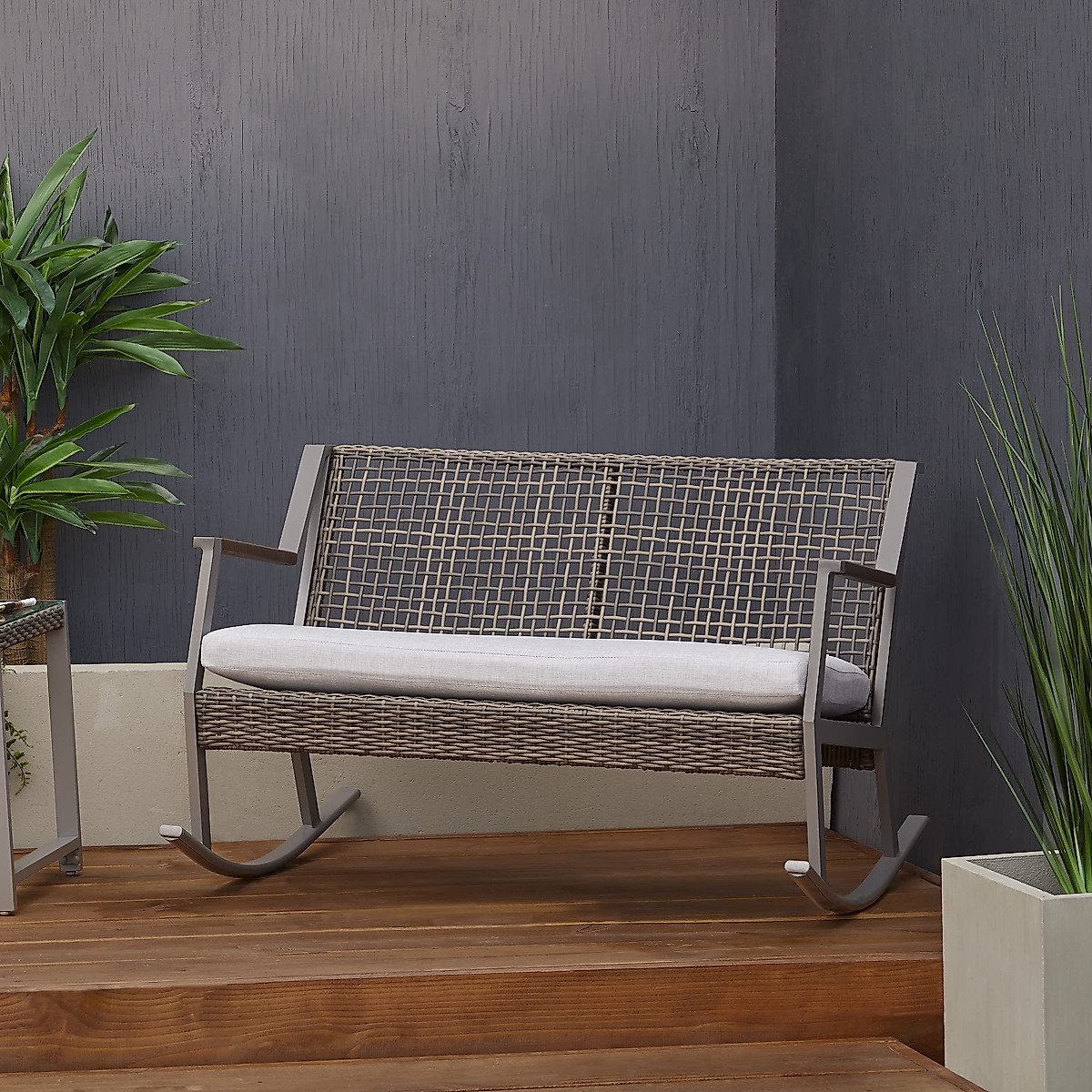 Real Flame Calvin Outdoor Two Seat Rocker, Loveseat, Powdered Aluminum Frame with Resin Wicker Weave