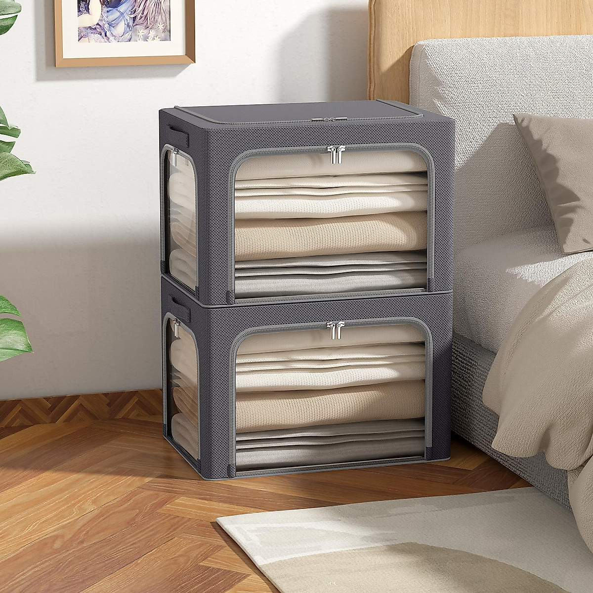 3Pack Clothes Storage Bins - Oxford Frame Storage Box Foldable Stackable Storage Organizer with 3 Openings Design, Metal Frame, Clear Window, Carry Handles (66L-19.7 * 15.7 * 13, Dark Gray)