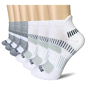 BERING Women's Athletic Running Cushioned Ankle Socks, Size 6-9, White/Grey, 6 Pairs