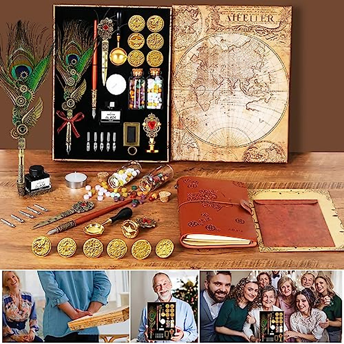 Aifeiter Quill Pen Ink Set - Peacock Feather, Wooden Dip Pen, Reusable Journal, Calligraphy Set